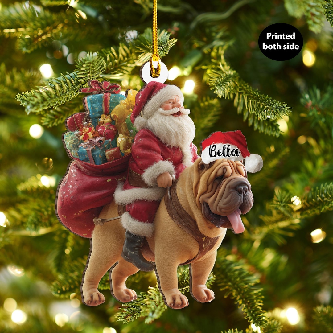 Personalized Shar Pei Dog and Santa Christmas Wood Ornament, Flat 2D ...