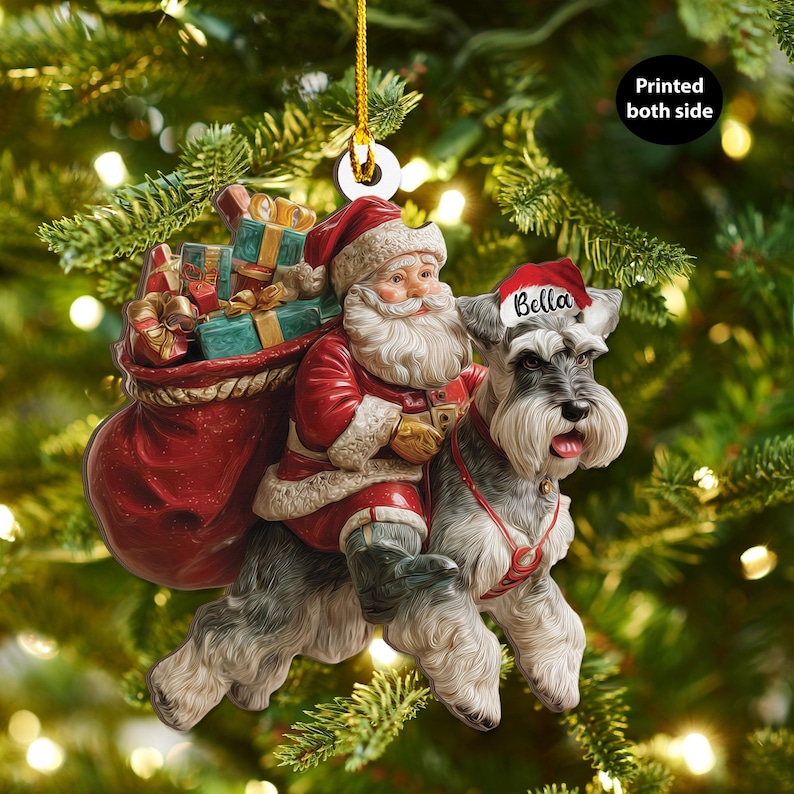 Personalized Schnauzer Dog and Santa Christmas Wood Ornament, Flat 2D ...
