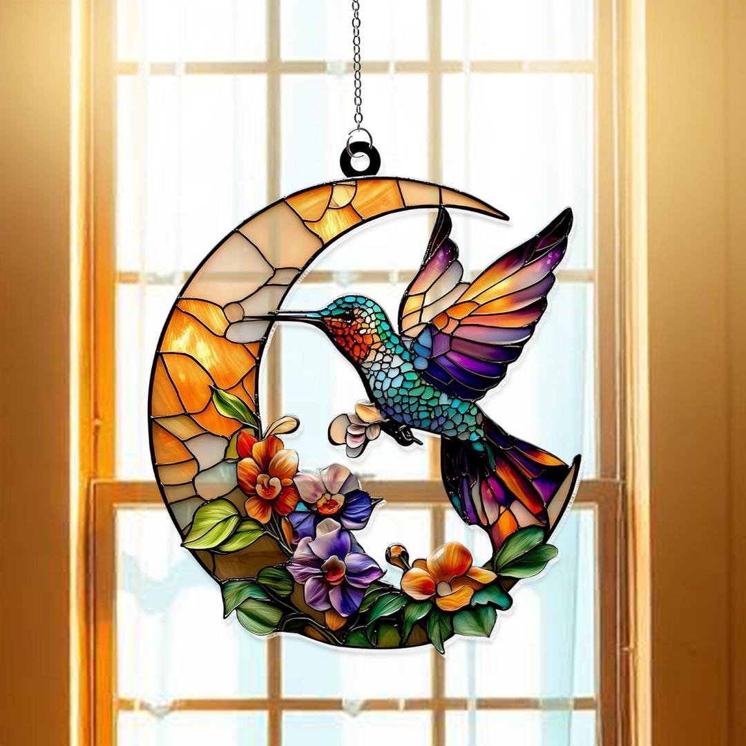 Hummingbird and Moon Acrylic Suncatcher Window Hanging – Celestial Bird ...