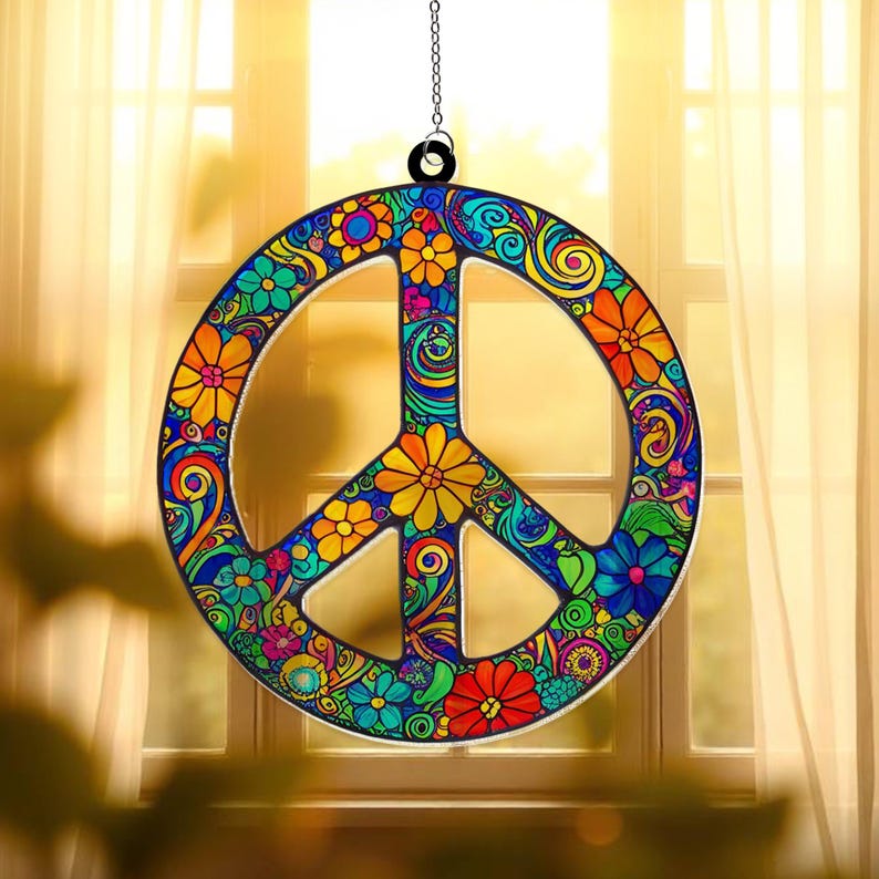Peace Sign Hippie Acrylic Suncatcher Window Hanging | Retro Boho Window ...