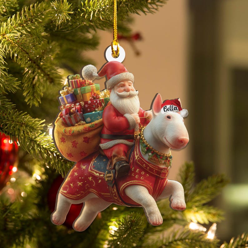 Personalized Bull Terrier Dog and Santa Christmas Wood Ornament, Flat ...