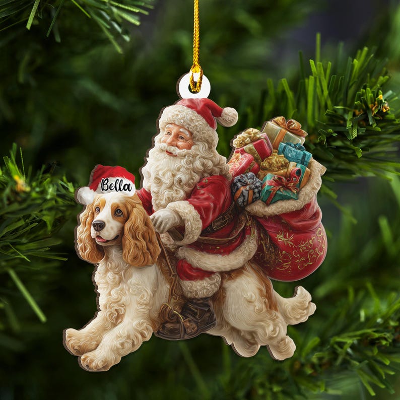 Personalized Cocker Spaniel Dog and Santa Christmas Wood Ornament, Flat ...