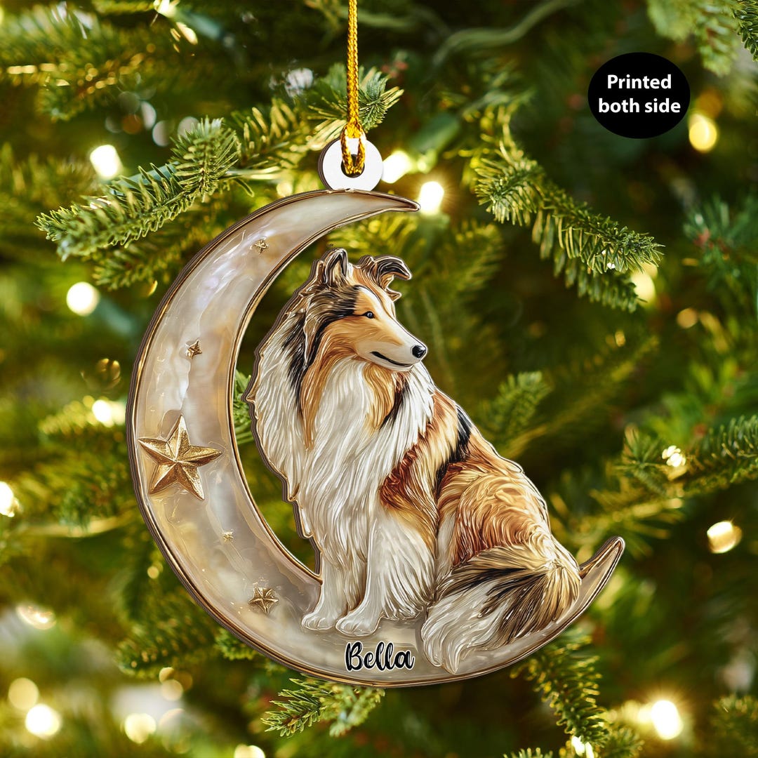 Gepersonaliseerde ruwe collie op maan essen multiplex ornament plat 2D ...
