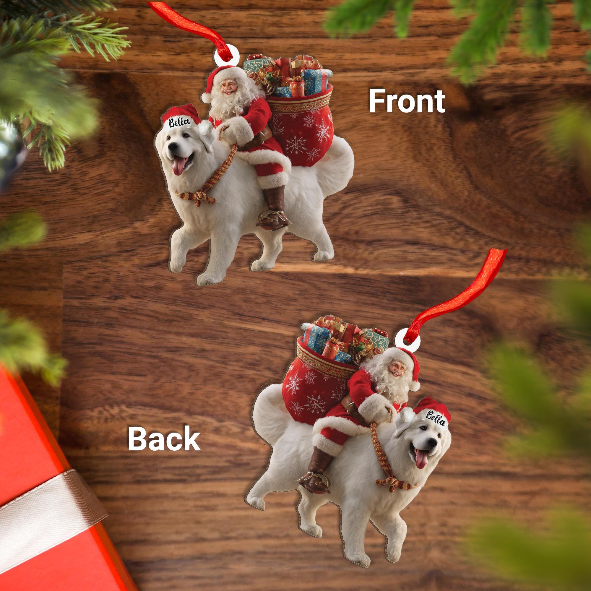 Personalized Great Pyrenees Dog and Santa Christmas Wood Ornament, Flat ...