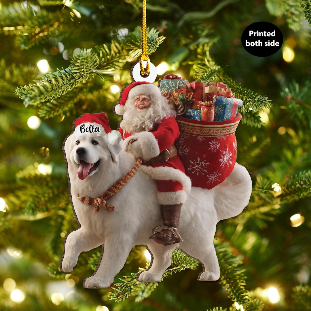 Personalized Great Pyrenees Dog and Santa Christmas Wood Ornament, Flat ...