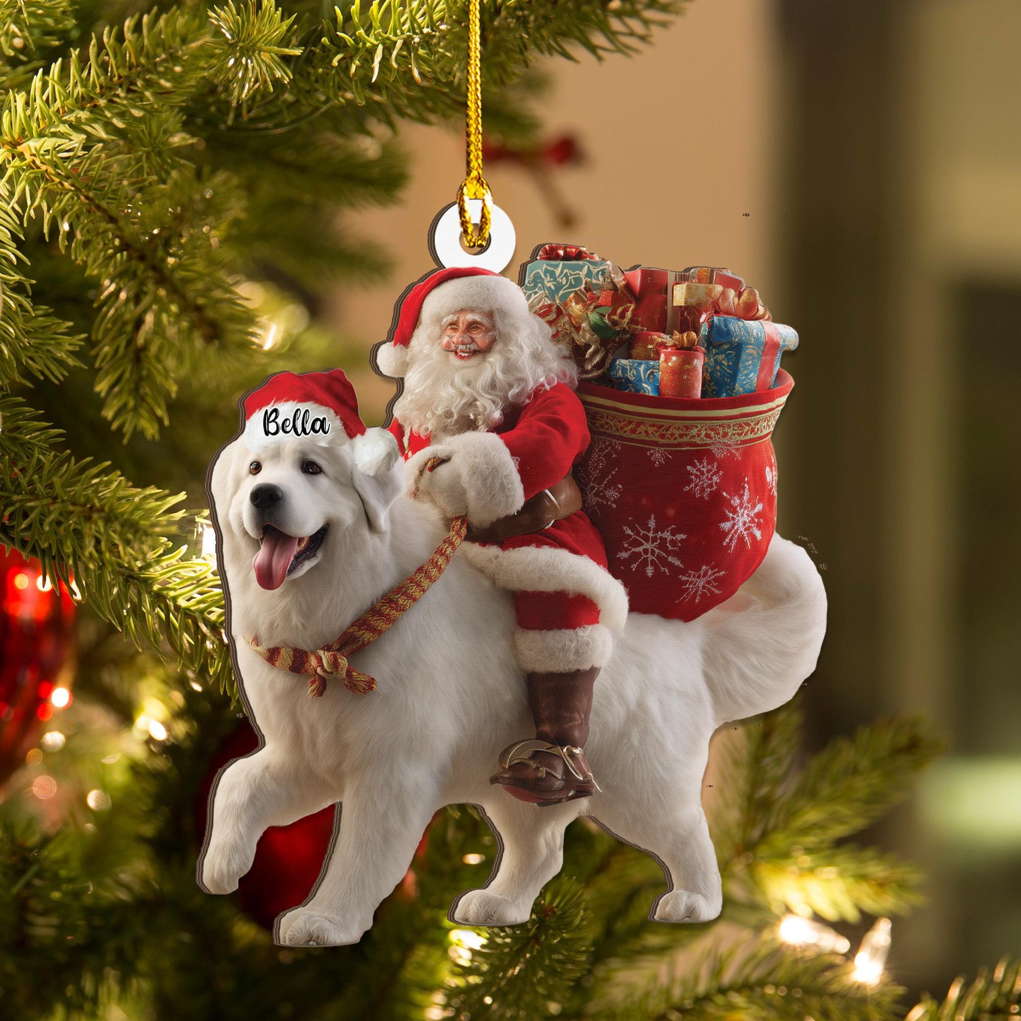 Personalized Great Pyrenees Dog and Santa Christmas Wood Ornament, Flat ...