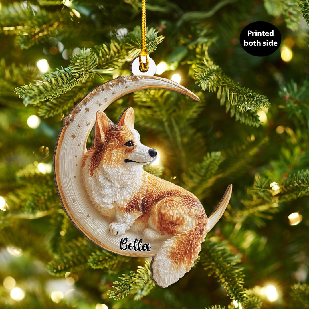 Personalized Welsh Corgi Dog on Moon Ash Plywood Ornament Flat 2D ...