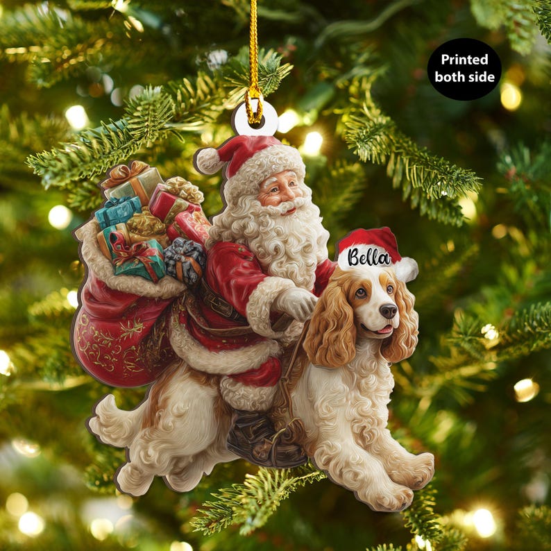 Personalized Cocker Spaniel Dog and Santa Christmas Wood Ornament, Flat ...