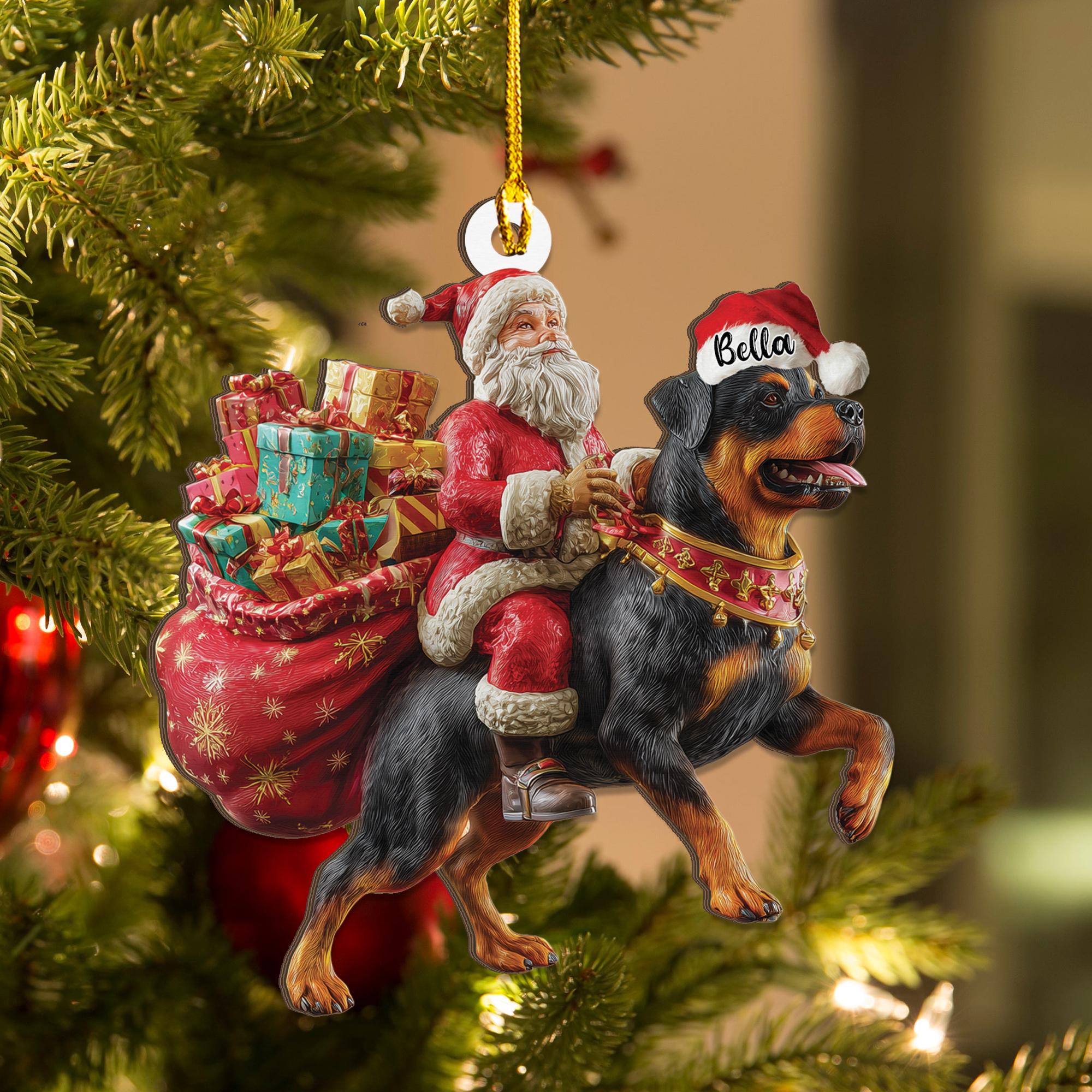 Personalized Rottweiler Dog and Santa Christmas Wood Ornament, Flat 2D ...