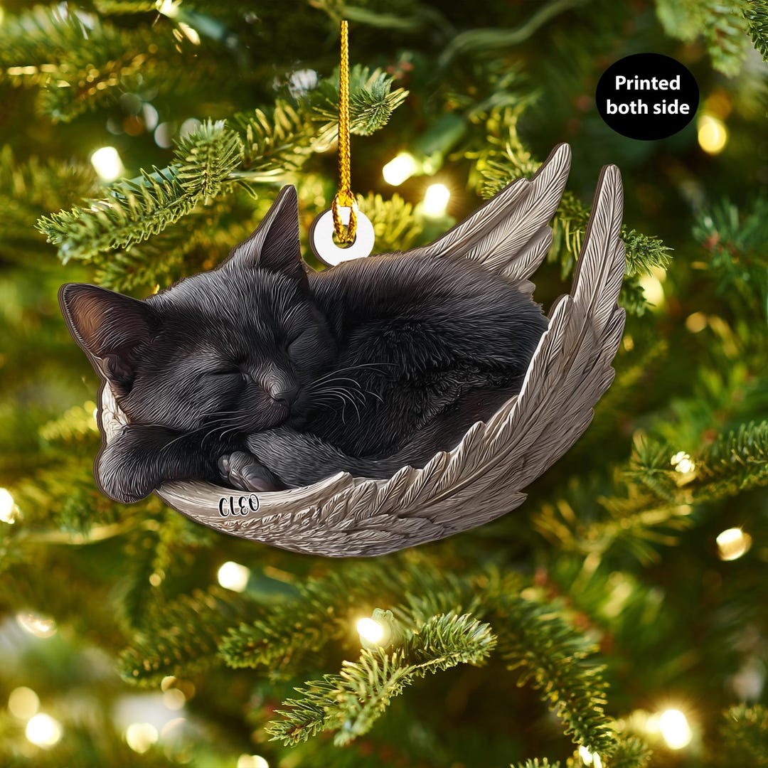 Personalized Black Cat Angel Ash Plywood Ornament, Flat 2D Holiday Tree ...