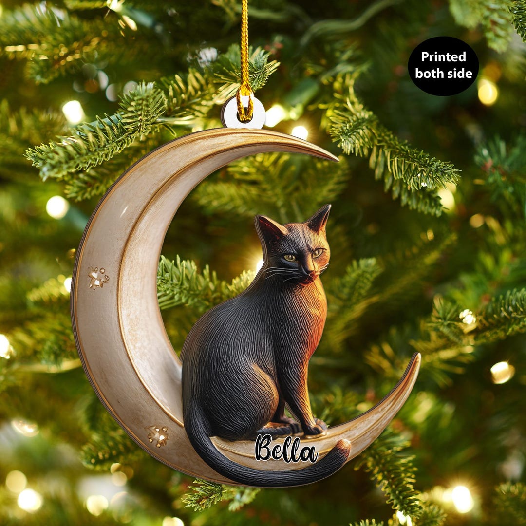 Personalized Bombay Cat on Moon Wood Christmas Ornament – Flat 2D Ash ...