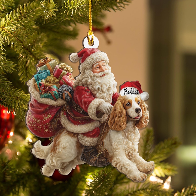 Personalized Cocker Spaniel Dog and Santa Christmas Wood Ornament, Flat ...