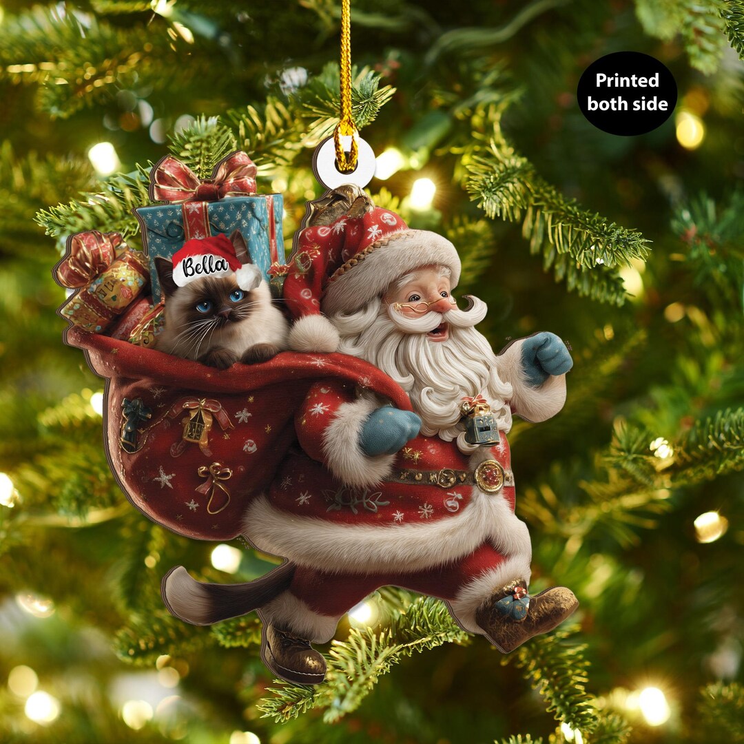 Personalized Snowshoe Cat and Santa Christmas Wood Ornament, Flat 2D ...