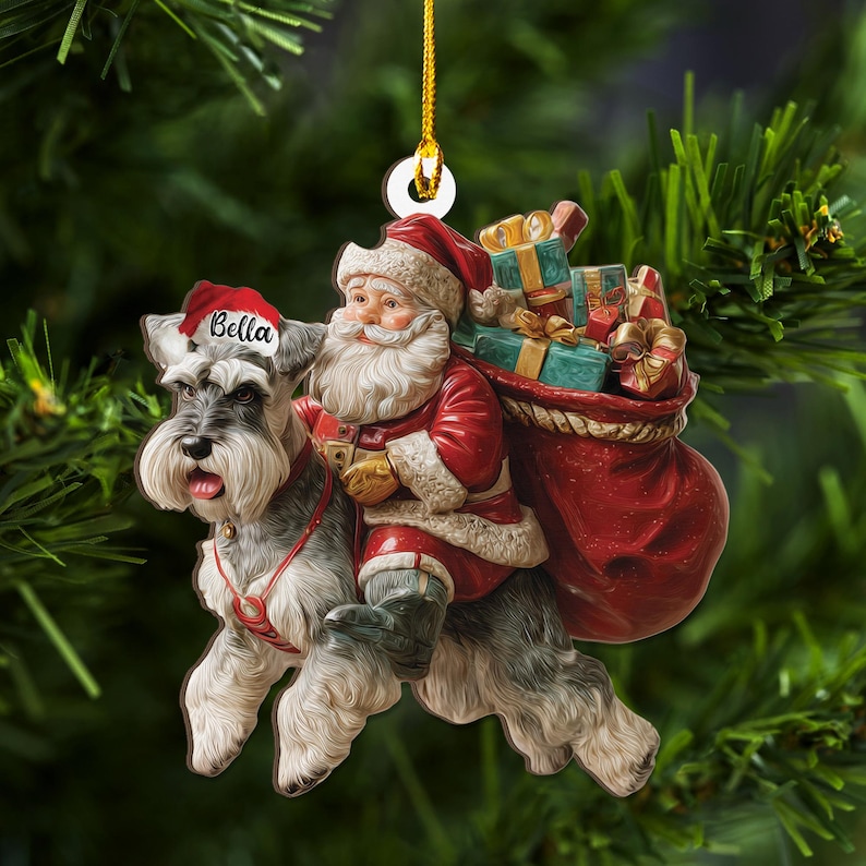 Personalized Schnauzer Dog and Santa Christmas Wood Ornament, Flat 2D ...