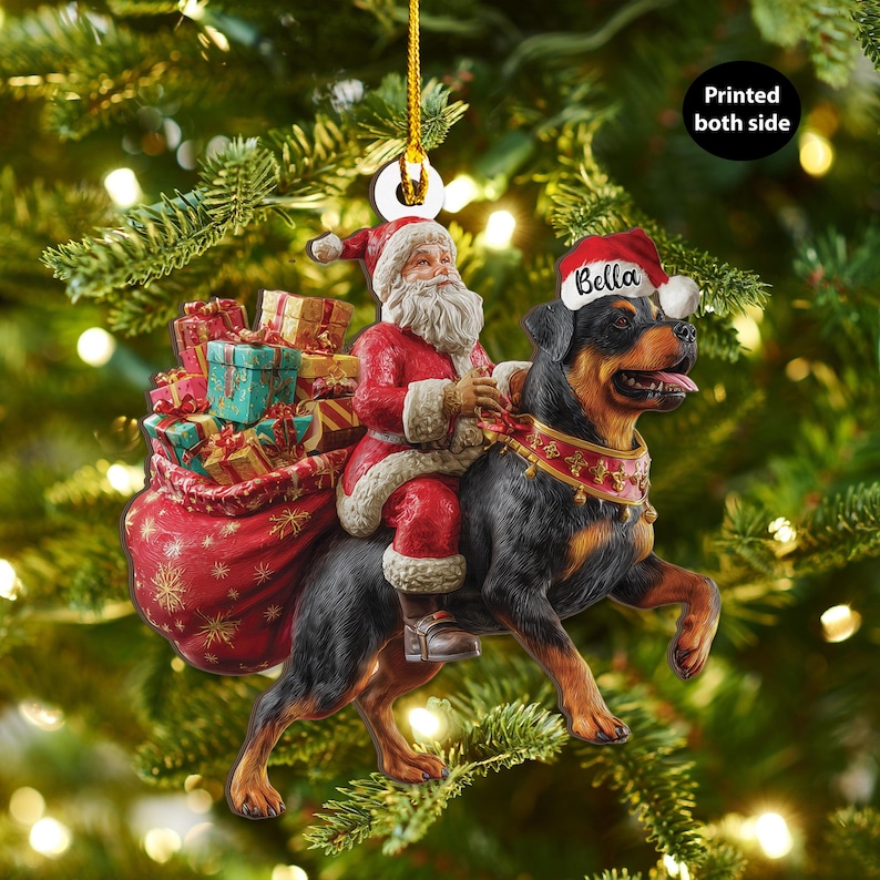 Personalized Rottweiler Dog and Santa Christmas Wood Ornament, Flat 2D ...