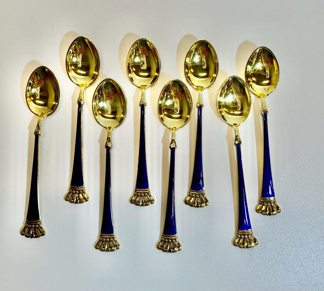 Egon Lauridsen Gold Wash Sterling and Enamel Set of 8 Demitasse Spoons ...