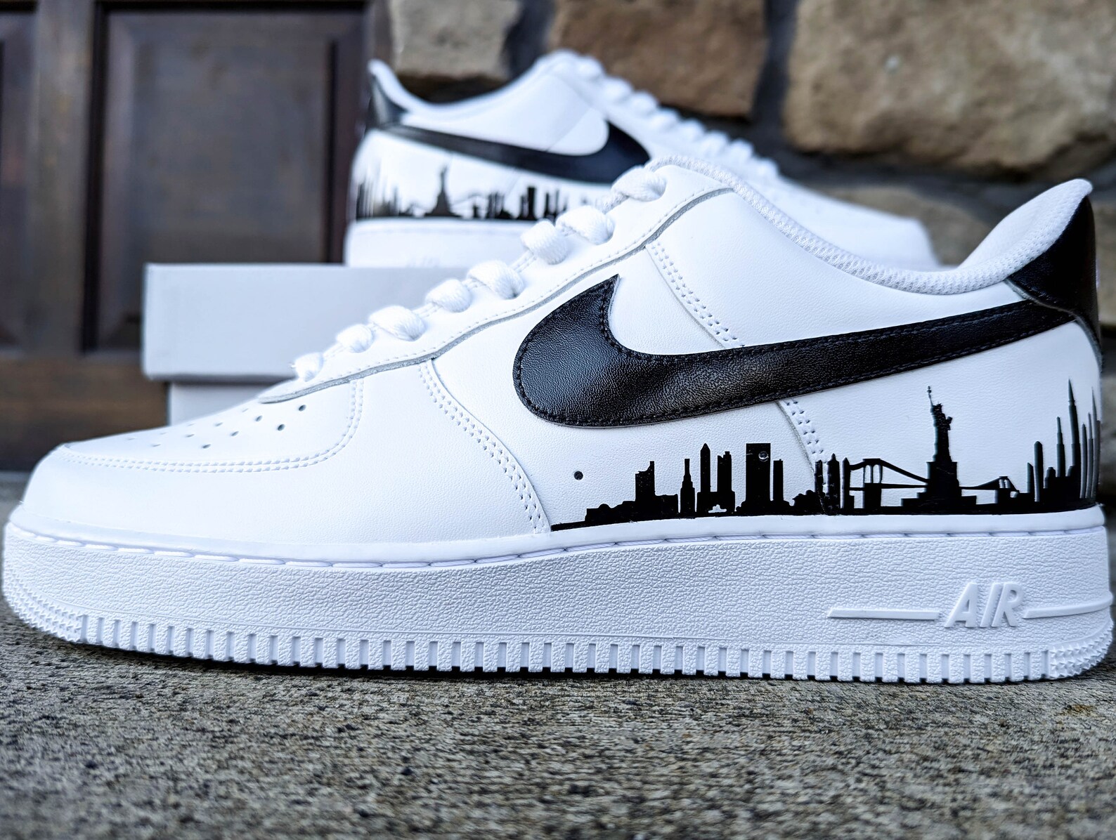 Custom City Skyline/flag Air Force 1 Sneakers NYC Black Swoosh - Etsy