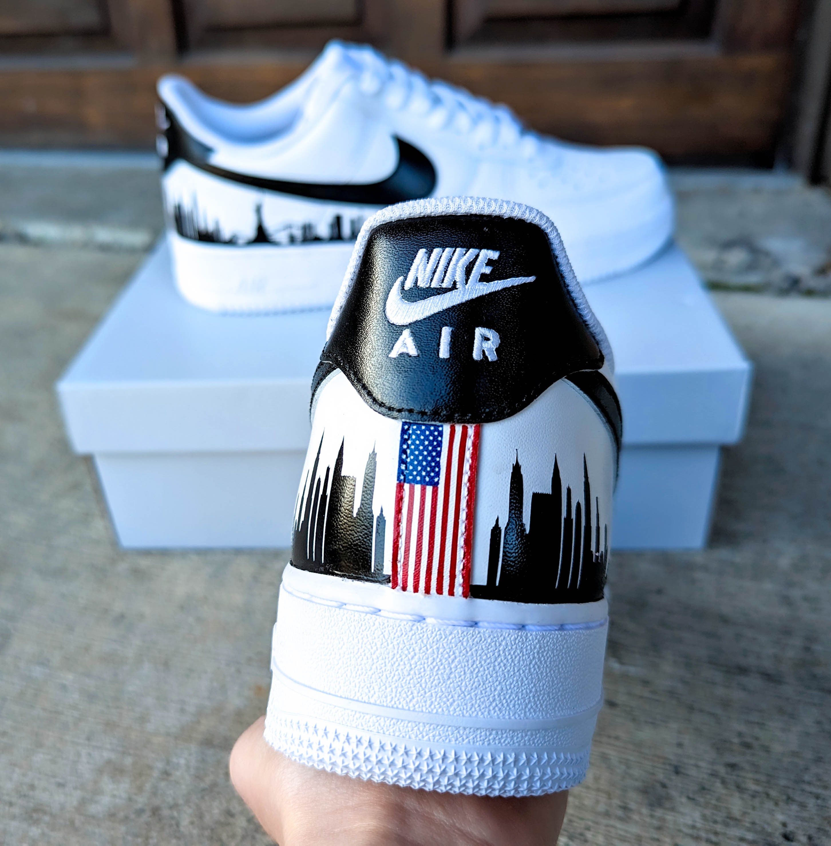 Custom City Skyline/flag Air Force 1 Sneakers NYC Black Swoosh - Etsy
