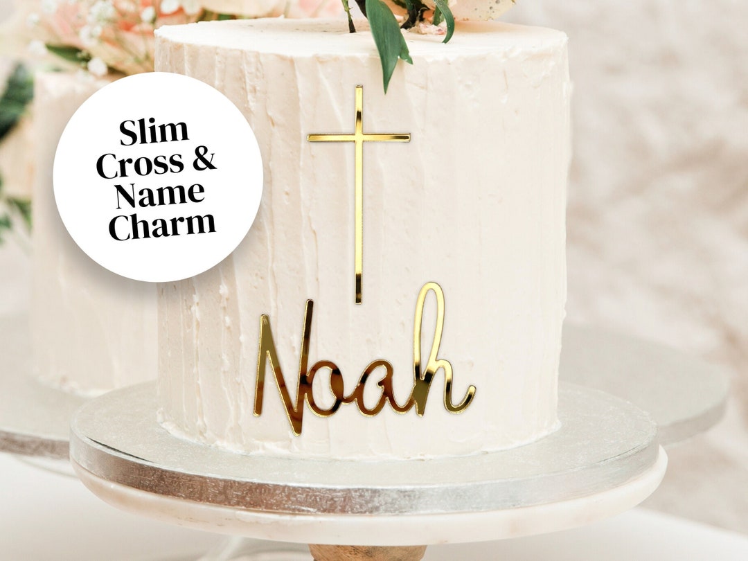 Cross Cake Charm & Name | Mirror Acrylic Cross Topper Christening Cake ...