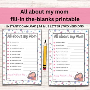 Mother's Day Printable, Cute All About My Mom or Mum Fill in the Blank ...