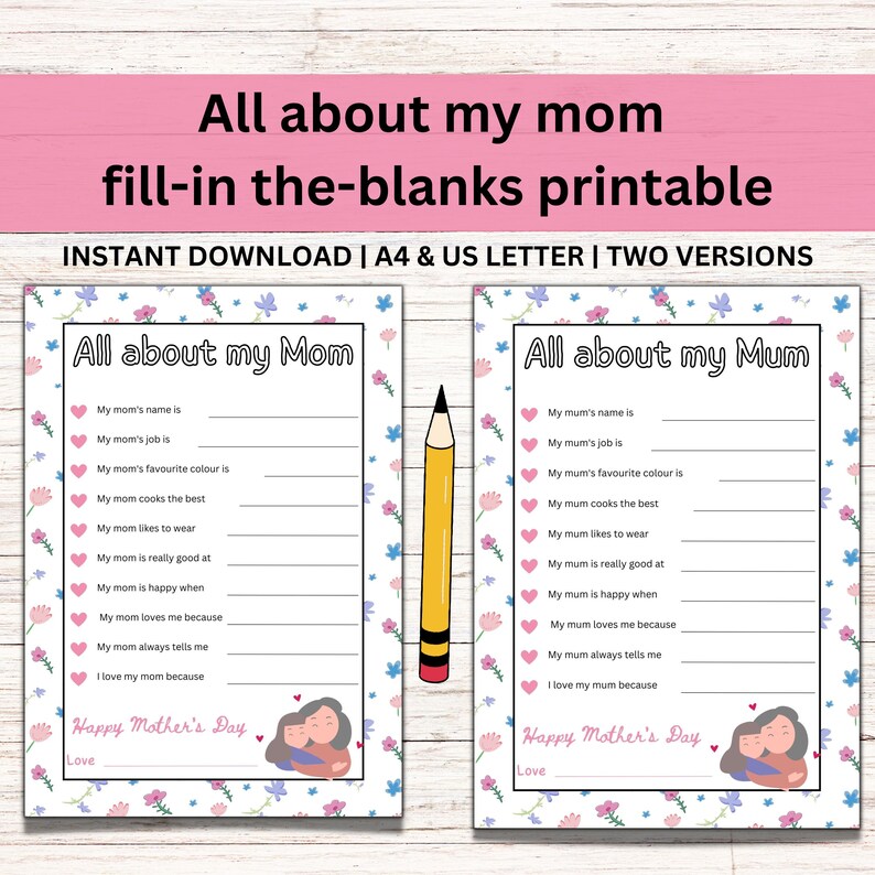 Mother's Day Printable, Cute All About My Mom or Mum Fill in the Blank ...
