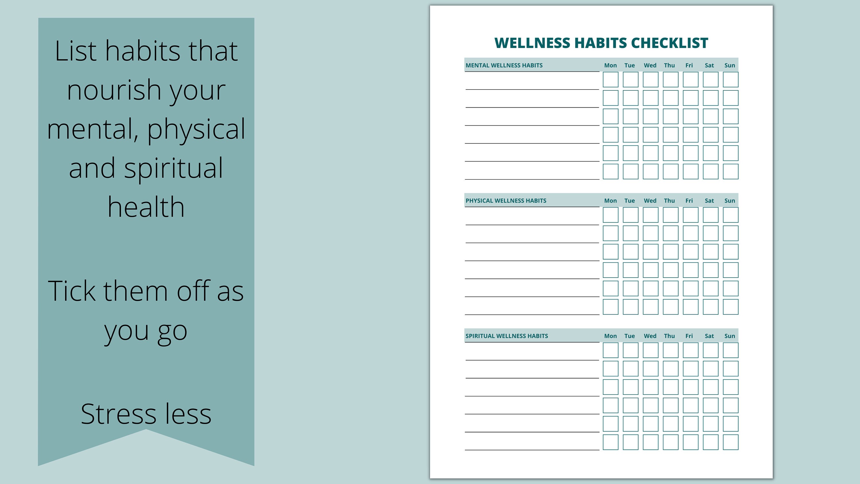 Wellness Habits Checklist, Self Care Wellbeing Checklist, Habit Log ...