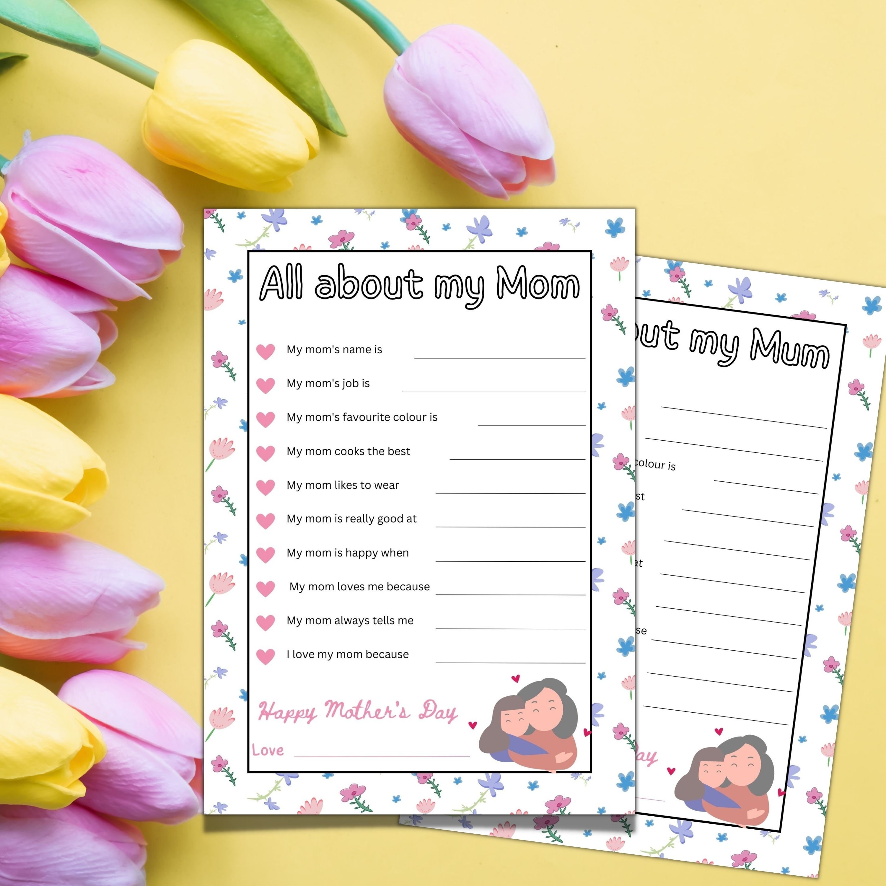 Mother's Day Printable, Cute All About My Mom or Mum Fill in the Blank ...