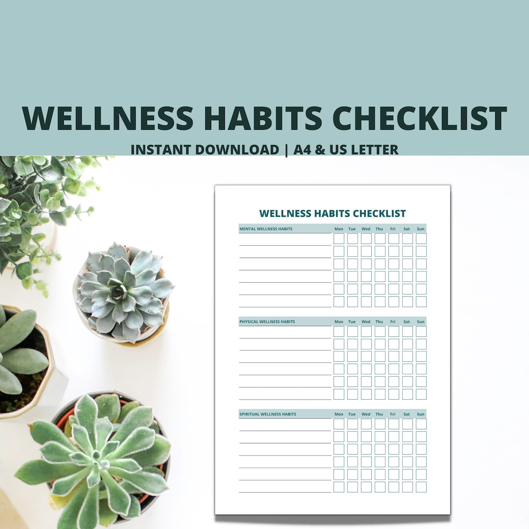 Wellness Habits Checklist, Self Care Wellbeing Checklist, Habit Log ...