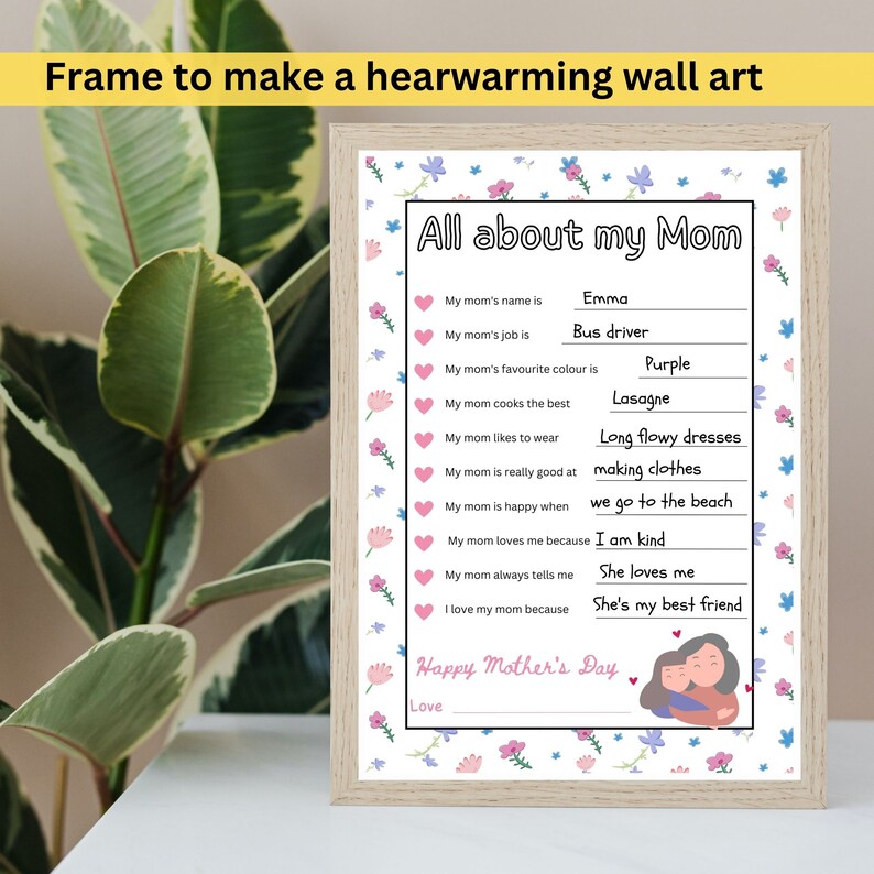 Mother's Day Printable, Cute All About My Mom or Mum Fill in the Blank ...