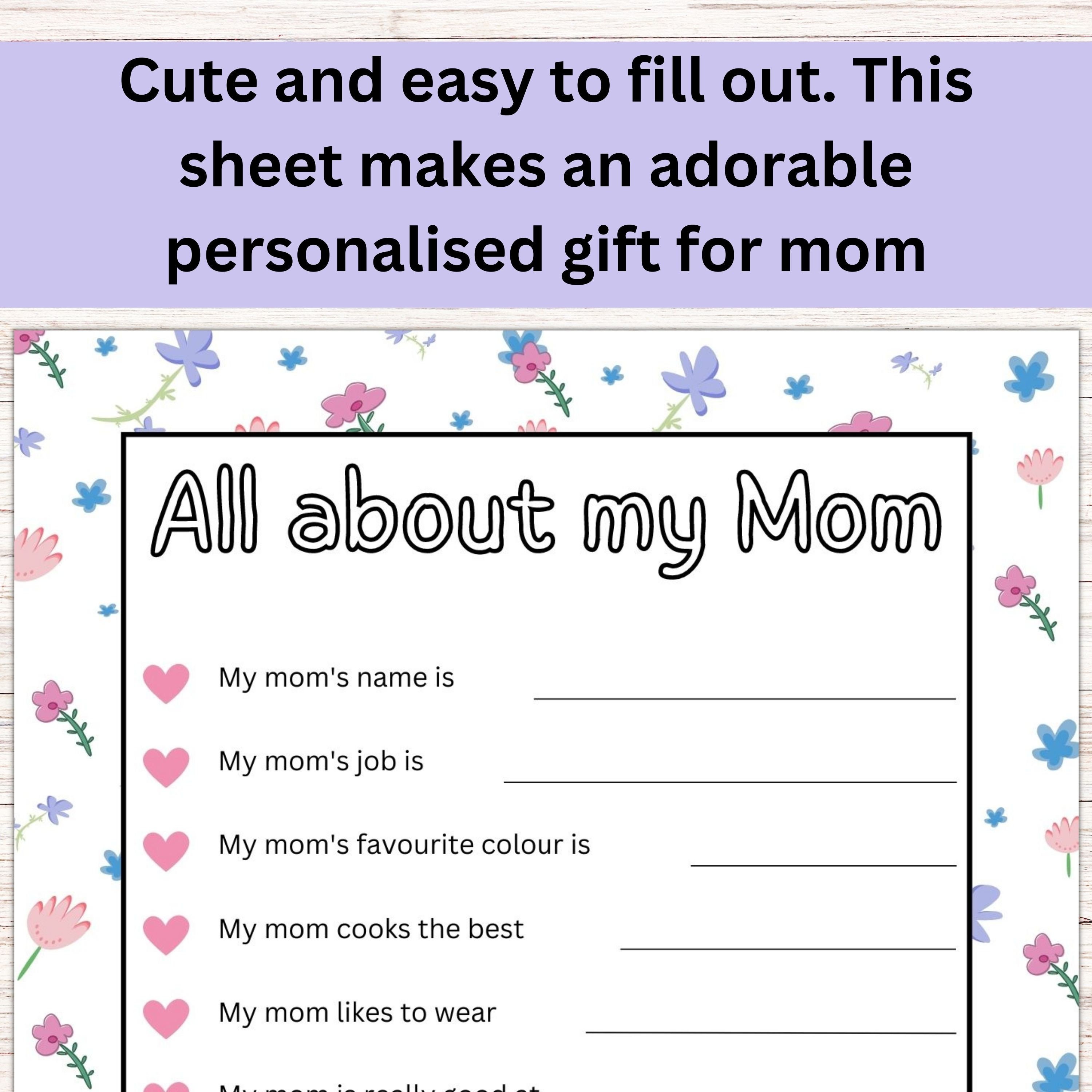 Mother's Day Printable, Cute All About My Mom or Mum Fill in the Blank ...