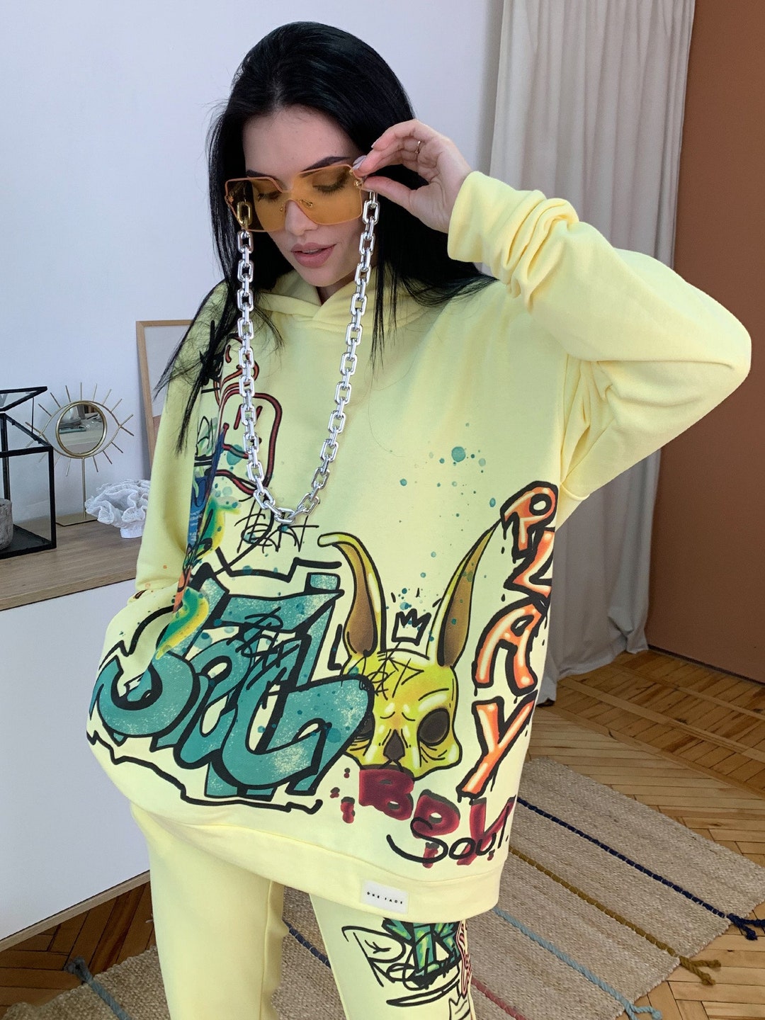 Graffiti Oversized Hoodie Mock Up, Unisex Yellow Hoodie, Comfortable ...