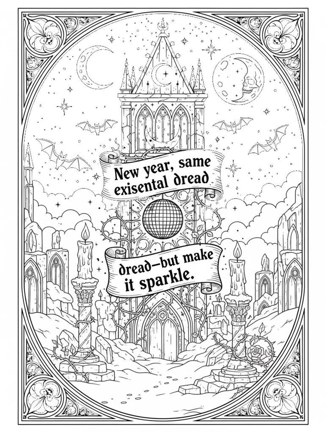 Gothic Cathedral Disco Coloring Page – Dark Fantasy New Year Printable ...