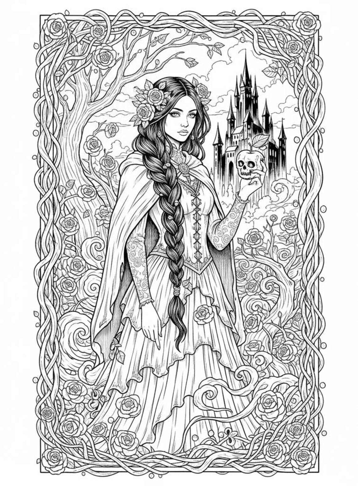 Gothic Forest Maiden Coloring Page – Rose‑braided Witch With Skull ...