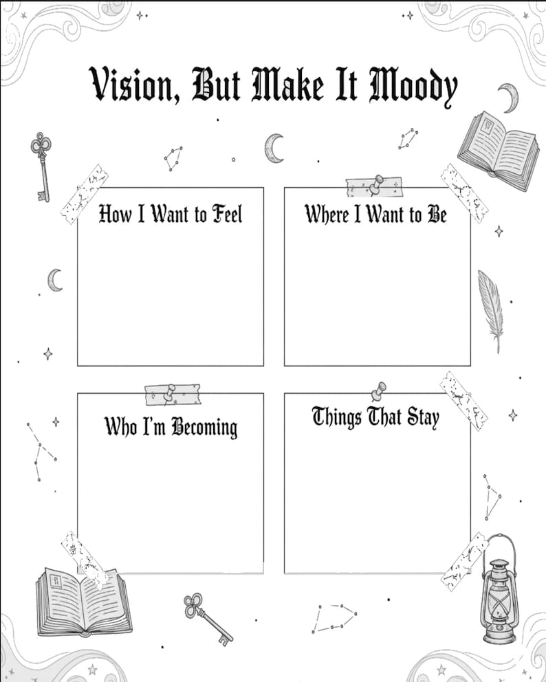 Moody Vision Board Template – Printable Goal Setting Page With Mystical ...