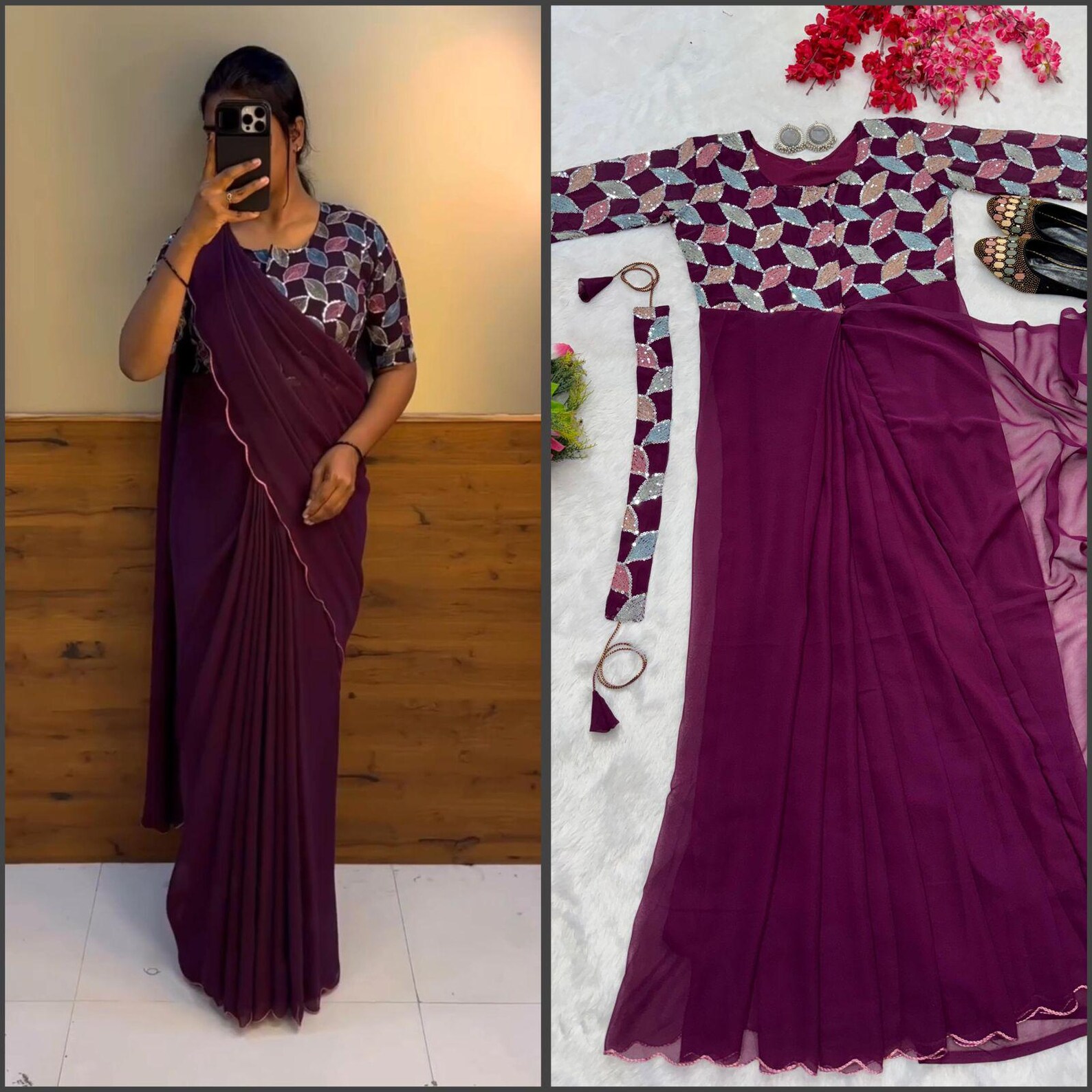 Ready to Wear Georgette Saree: Pre-stitched Embroidery Gown - Etsy