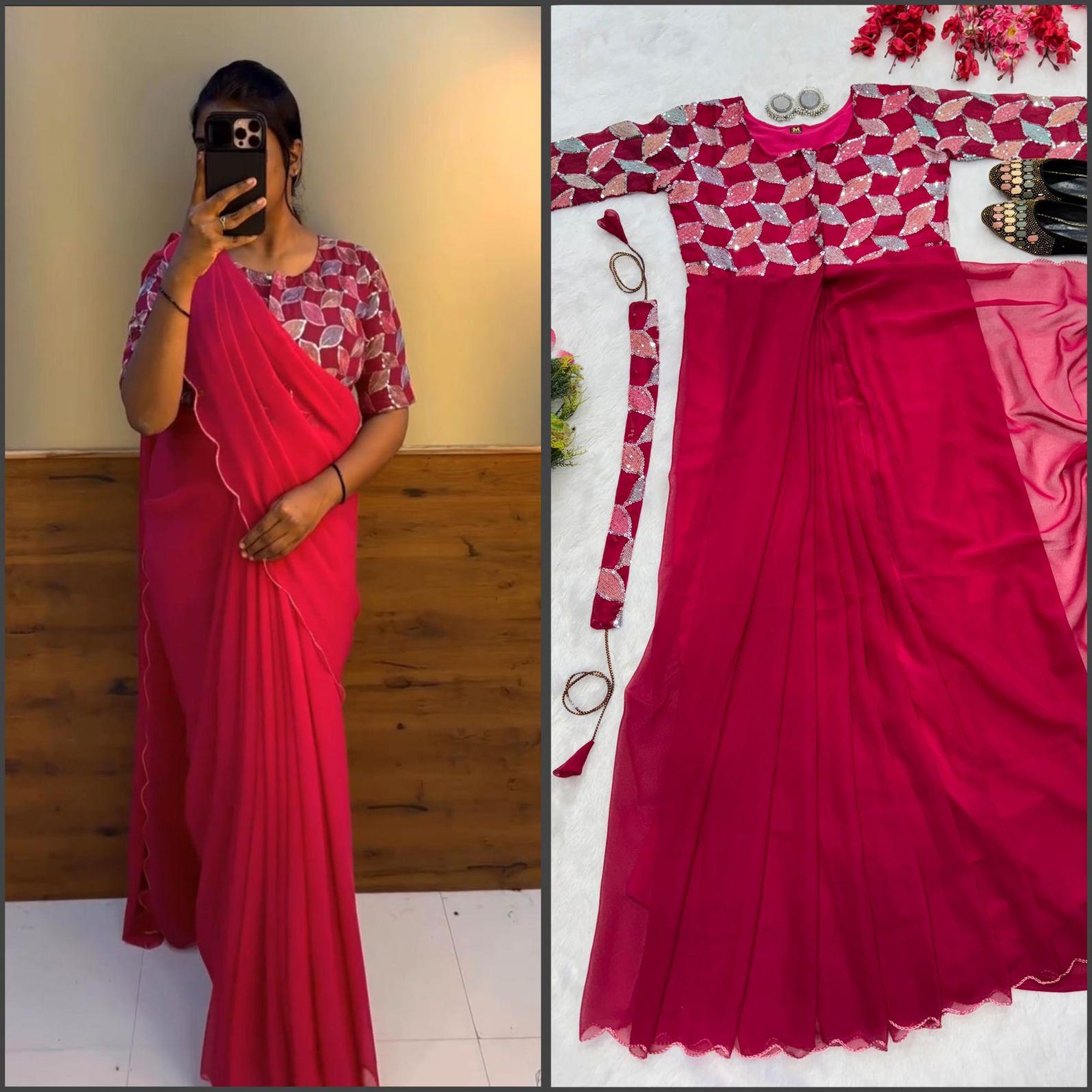 Ready to Wear Georgette Saree: Pre-stitched Embroidery Gown - Etsy