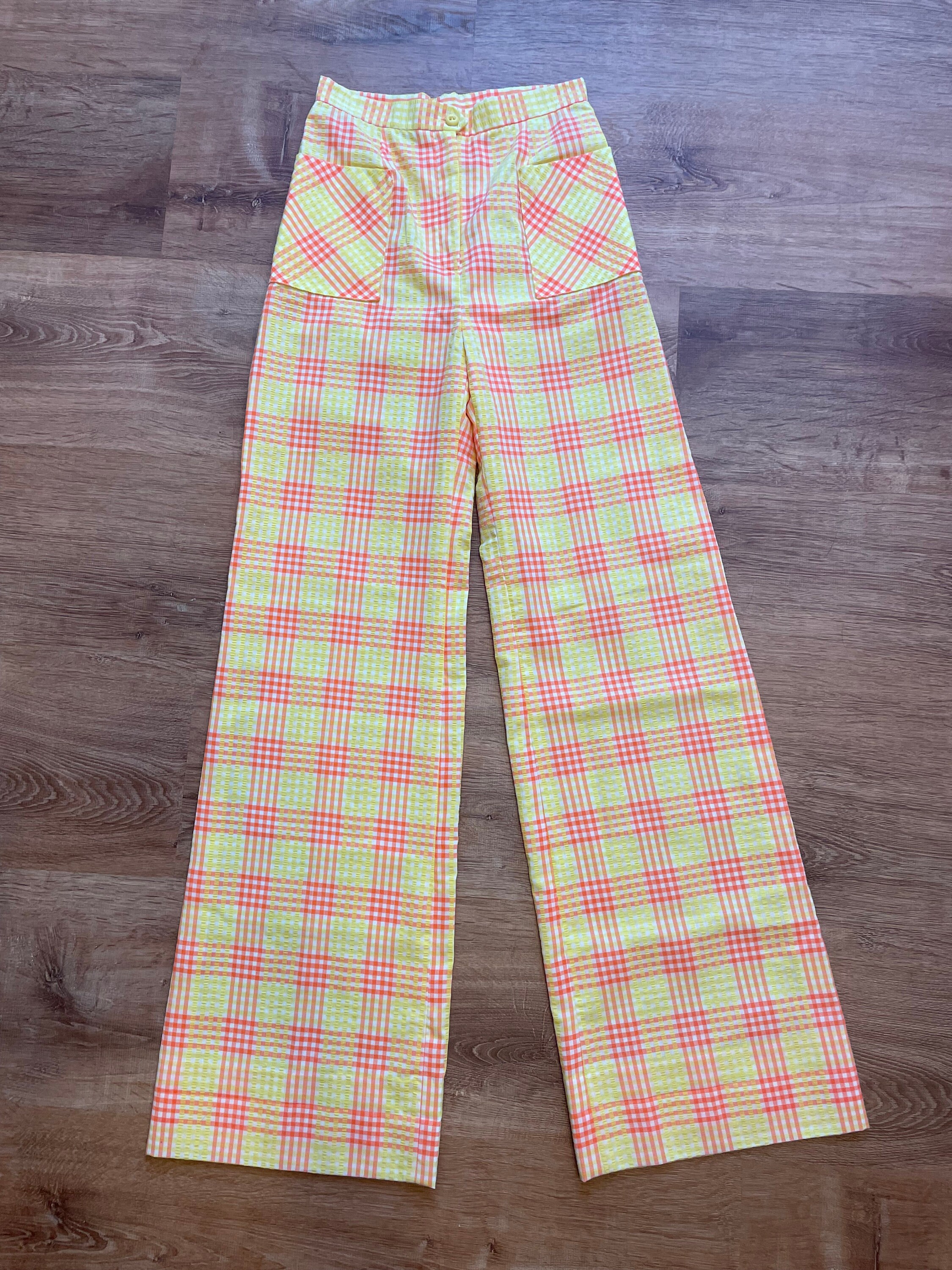 1970s NOS Bright Orange Yellow Pink Plaid High Waist Pants XXS - Etsy