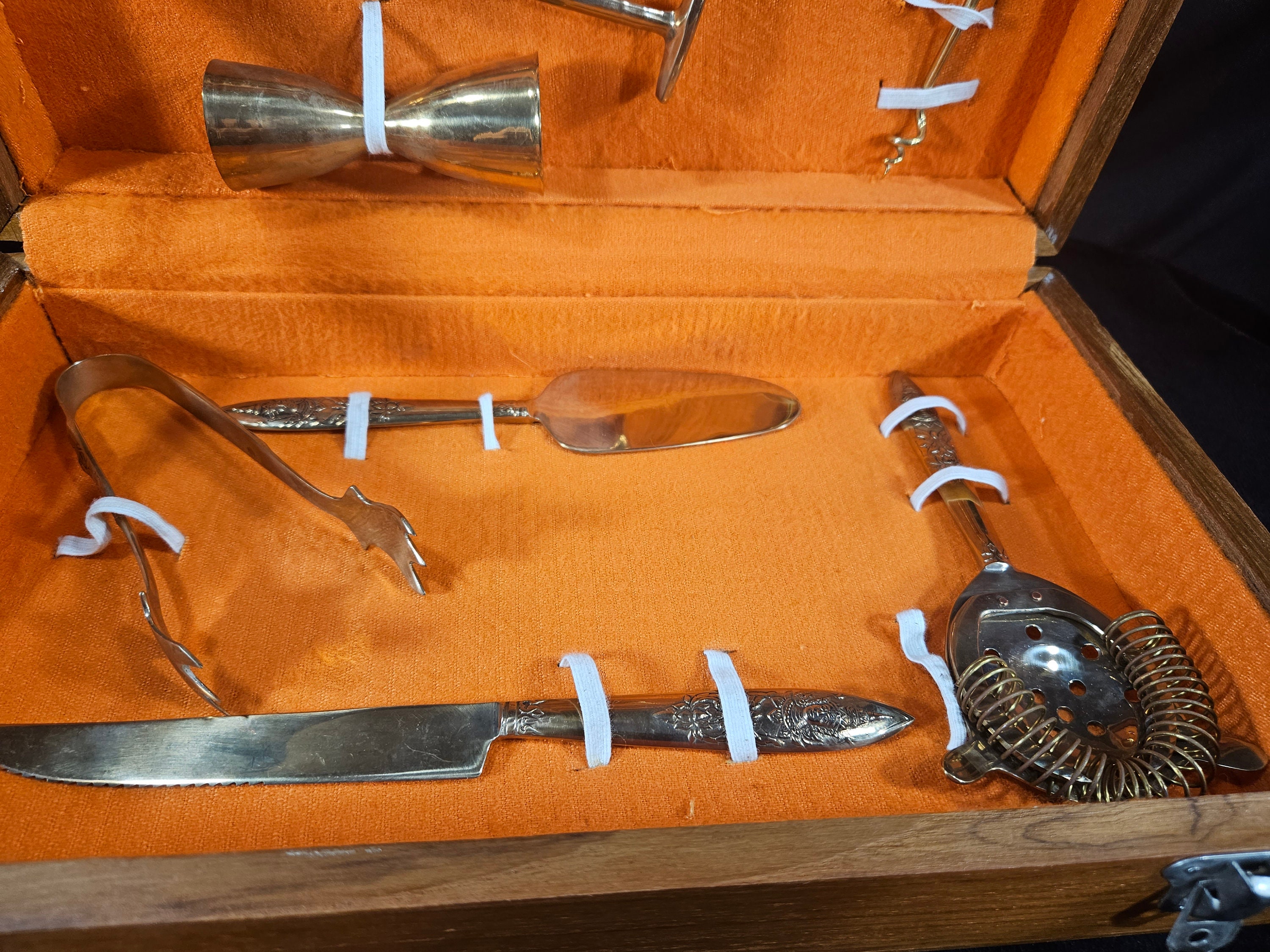 Vintage MCM 9 Piece Bronzeware Bar Tool Set in Wood Case. - Etsy