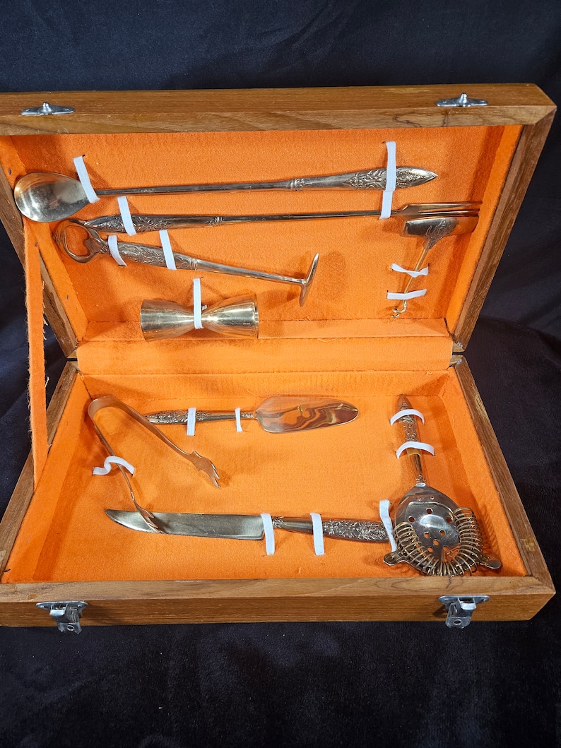 Vintage MCM 9 Piece Bronzeware Bar Tool Set in Wood Case. - Etsy