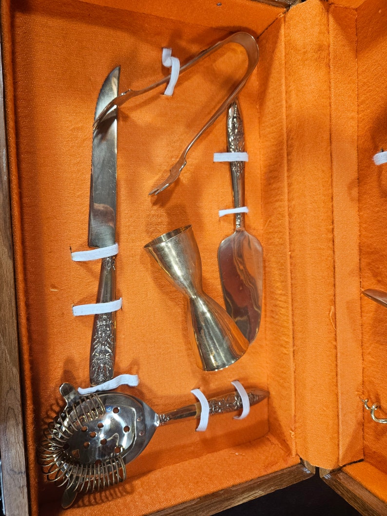 Vintage MCM 9 Piece Bronzeware Bar Tool Set in Wood Case. - Etsy