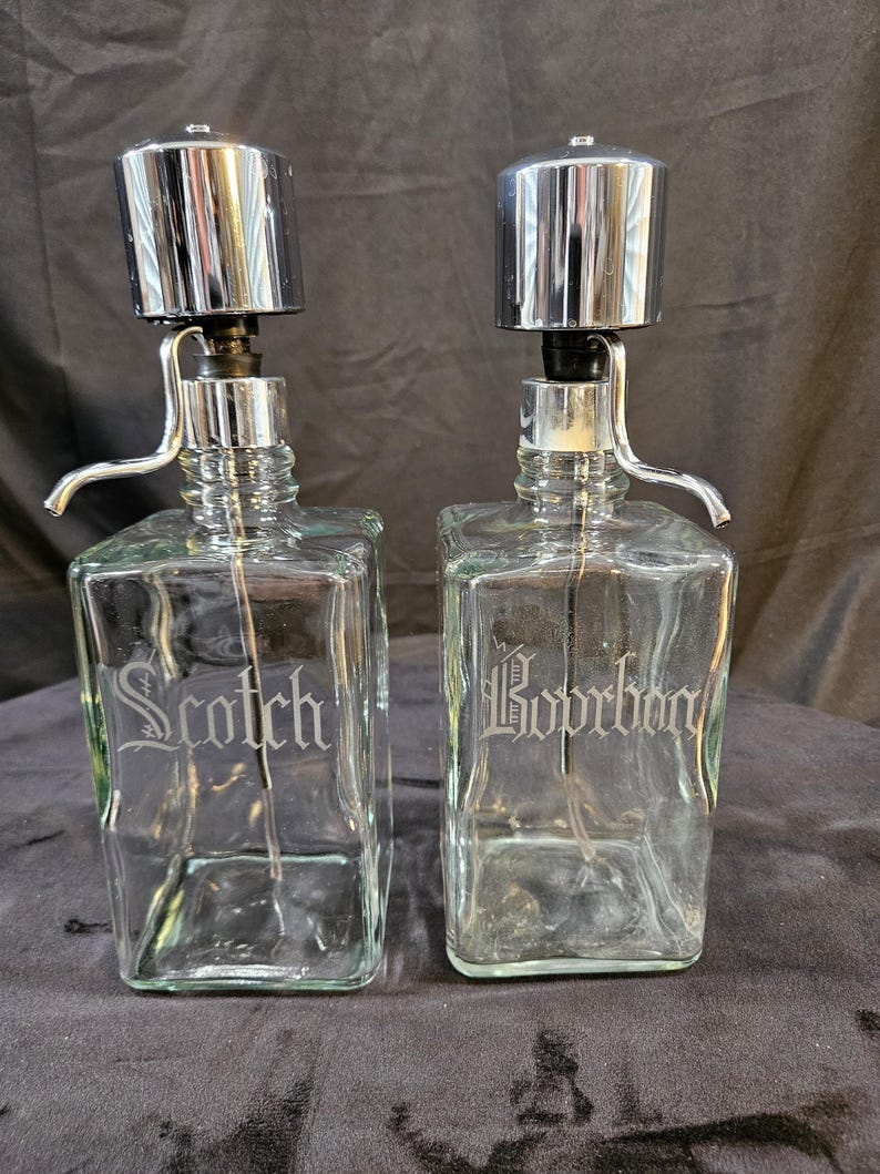 Set of 3 Mid Century Etched Glass Decanters With Pump Top. Bourbon, Gin ...