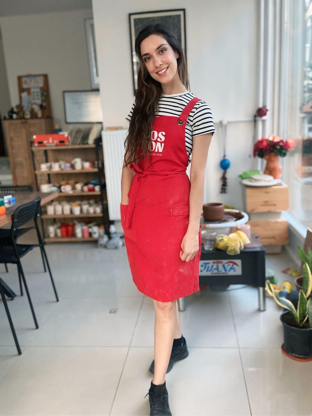 Personalized Cross Back Linen Apron With Pocket, Water Repellent ...