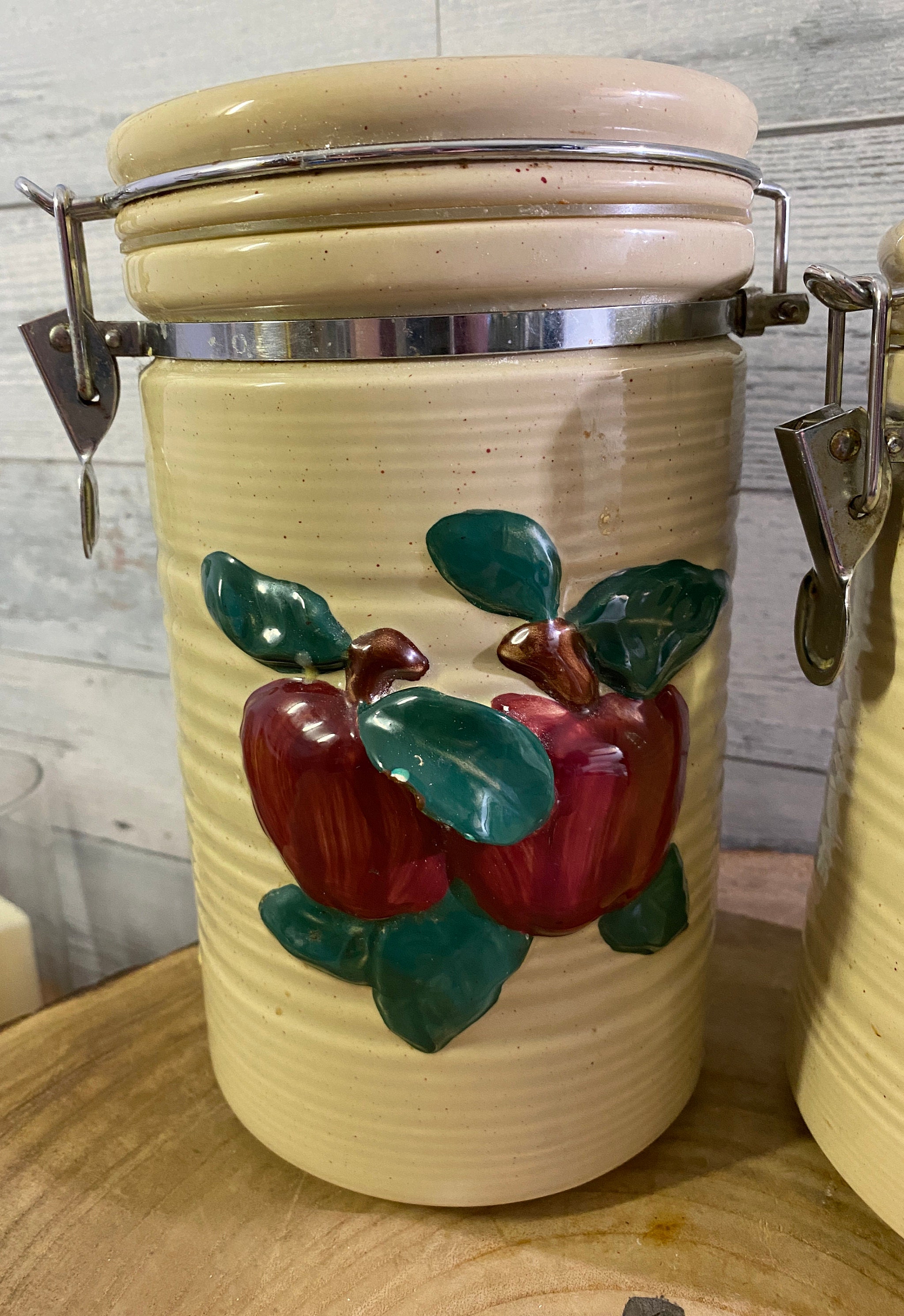 Vintage Apple Canisters, Ribbed Ceramic With Metal Clasp Closure, Set ...