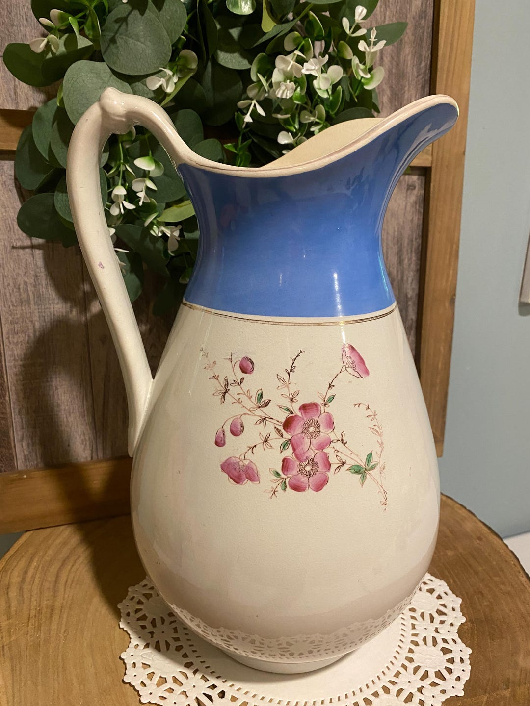 Ironstone China Warranted Tall Pitcher, Vintage Farmhouse Decor, Blue ...