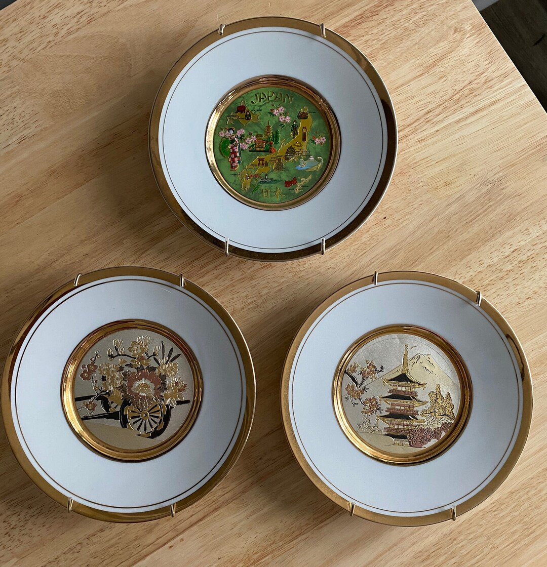 Chokin Japan Plates, Gold Trim, Engraved Decorative Plates Set of 3 ...