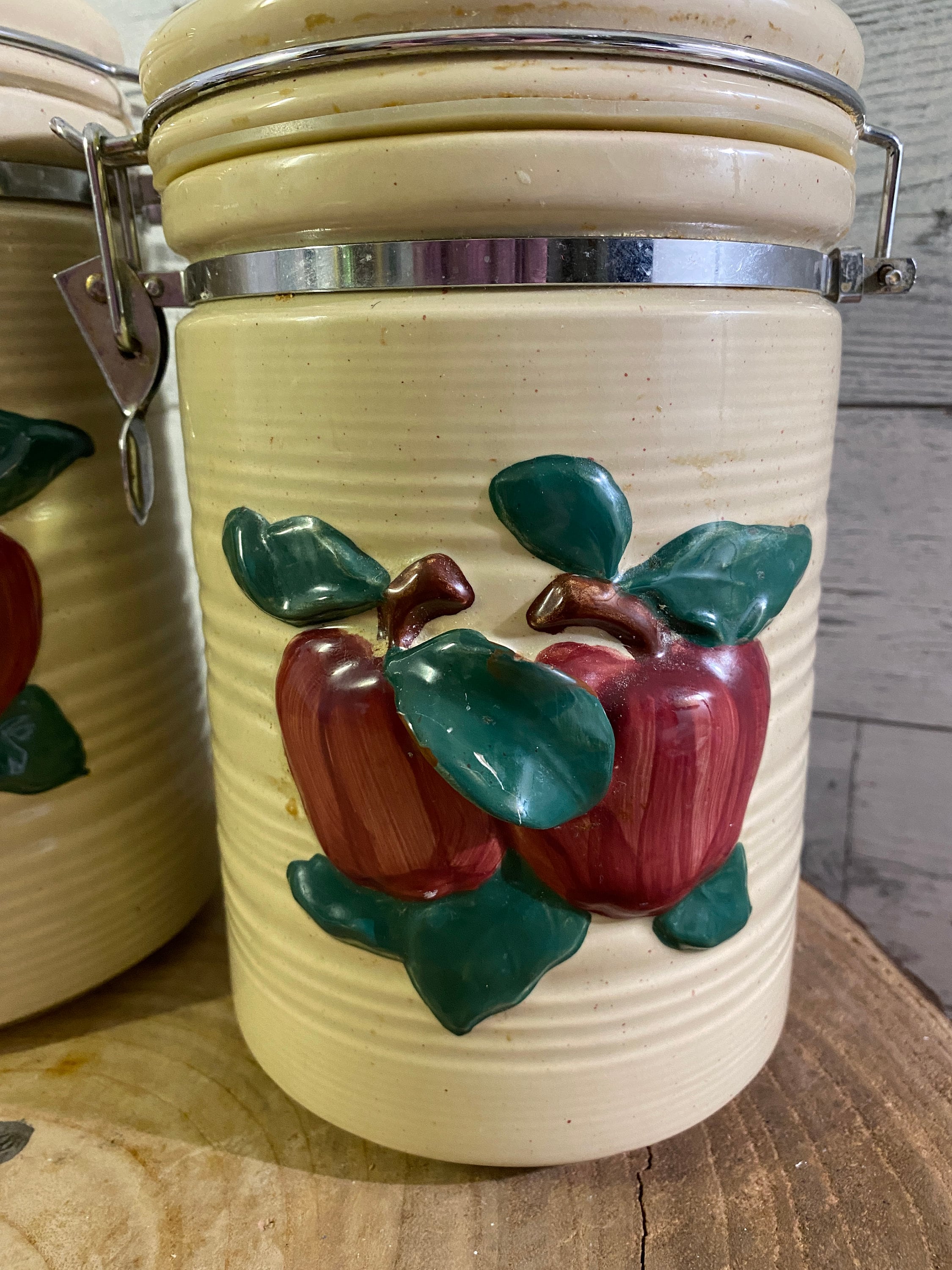 Vintage Apple Canisters, Ribbed Ceramic With Metal Clasp Closure, Set ...