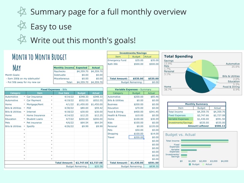 Monthly Budget Spreadsheet - Etsy