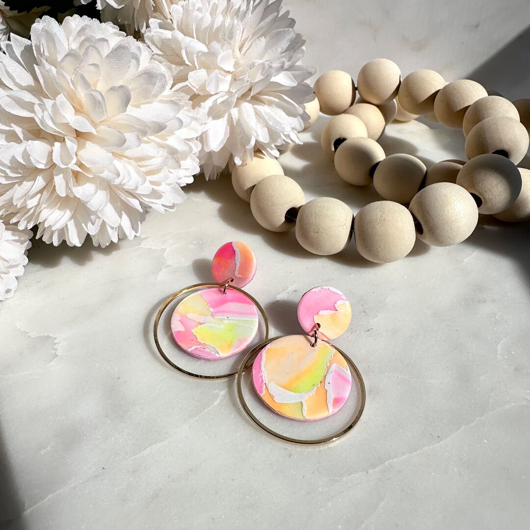 CLAY EARRINGS the Lexi in Bright Neon Painted Clay With Gold Hoop ...