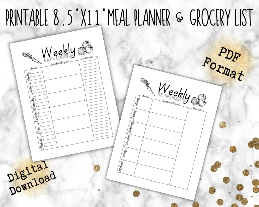 Digital Weekly Meal Planner and Grocery List Printable PDF - Etsy