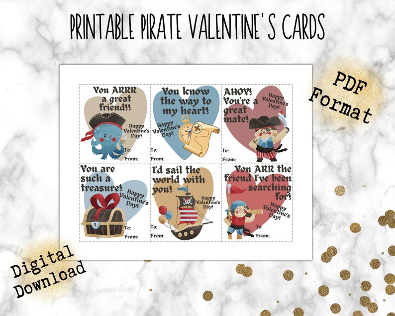 Printable Kids' Pirate Valentine’s Cards, Digital Download Cards for ...